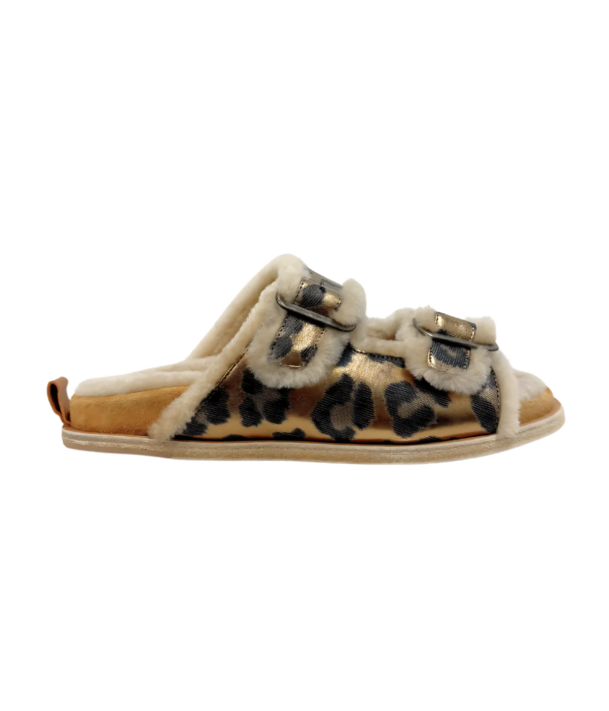 Leopard Print Laminated Buckles Sandals in Warm Gold